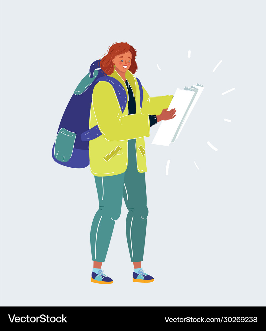 Woman with map in her hands and backpack on white Vector Image
