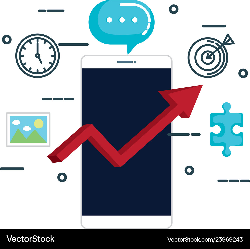 Smartphone with statistics arrow and icons Vector Image