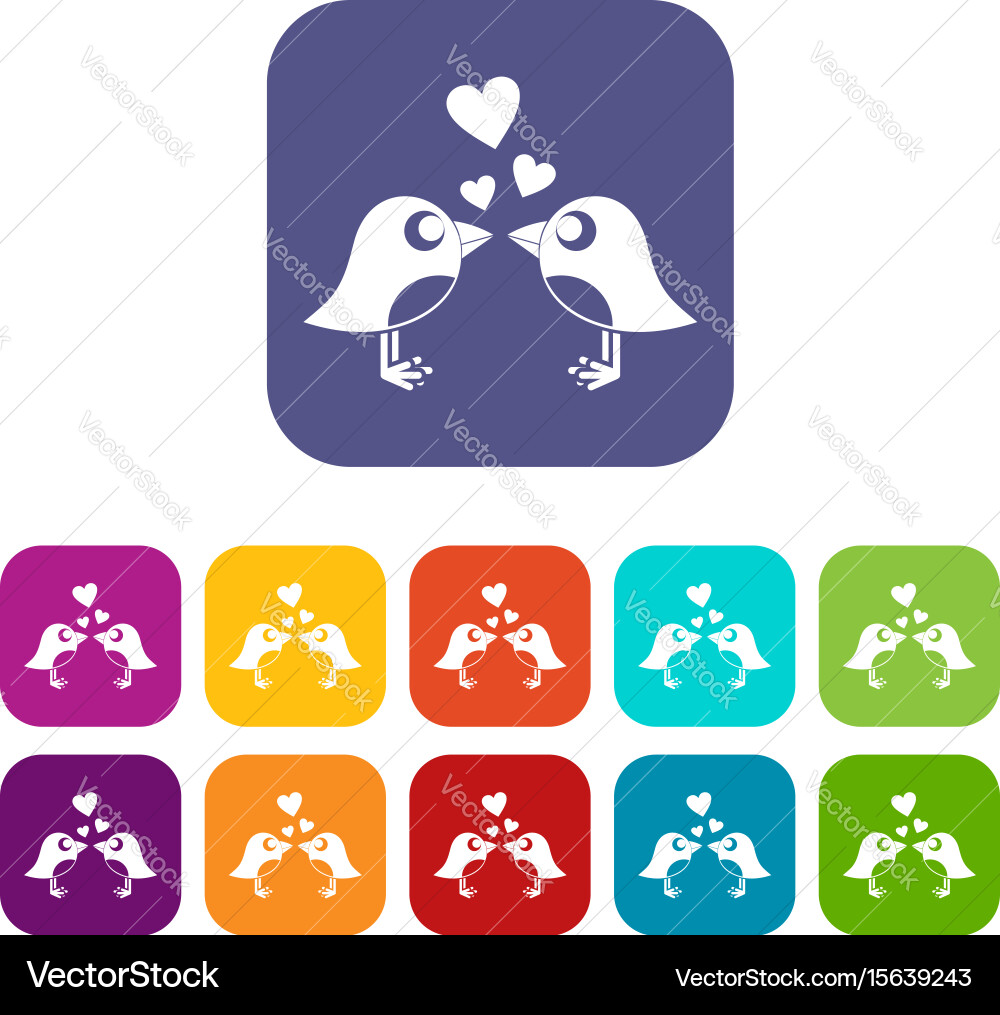 Two birds with hearts icons set flat Royalty Free Vector