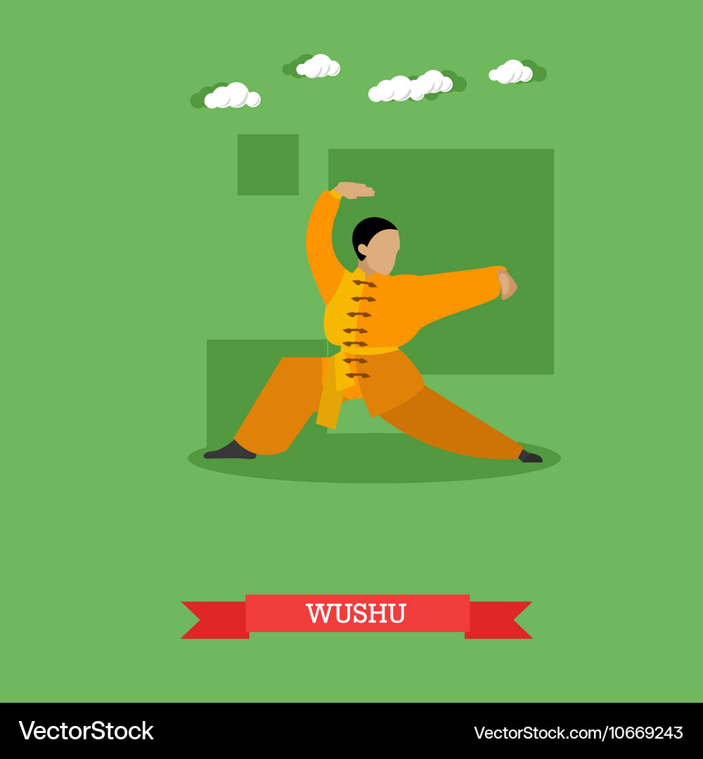 Wushu fighter shows his skills flat design Vector Image