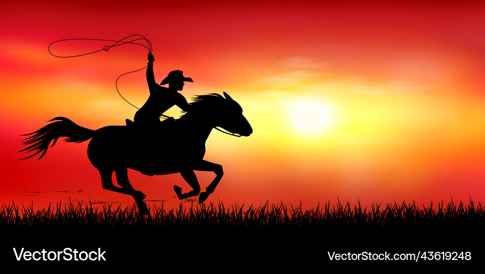 Cowboy on horseback at sunset Royalty Free Vector Image