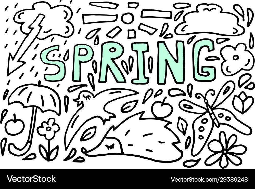 Doodle spring sketchy line art cartoon set Vector Image