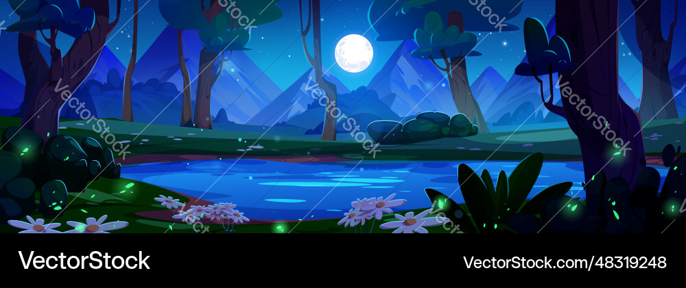 Lake in forest night cartoon background Royalty Free Vector