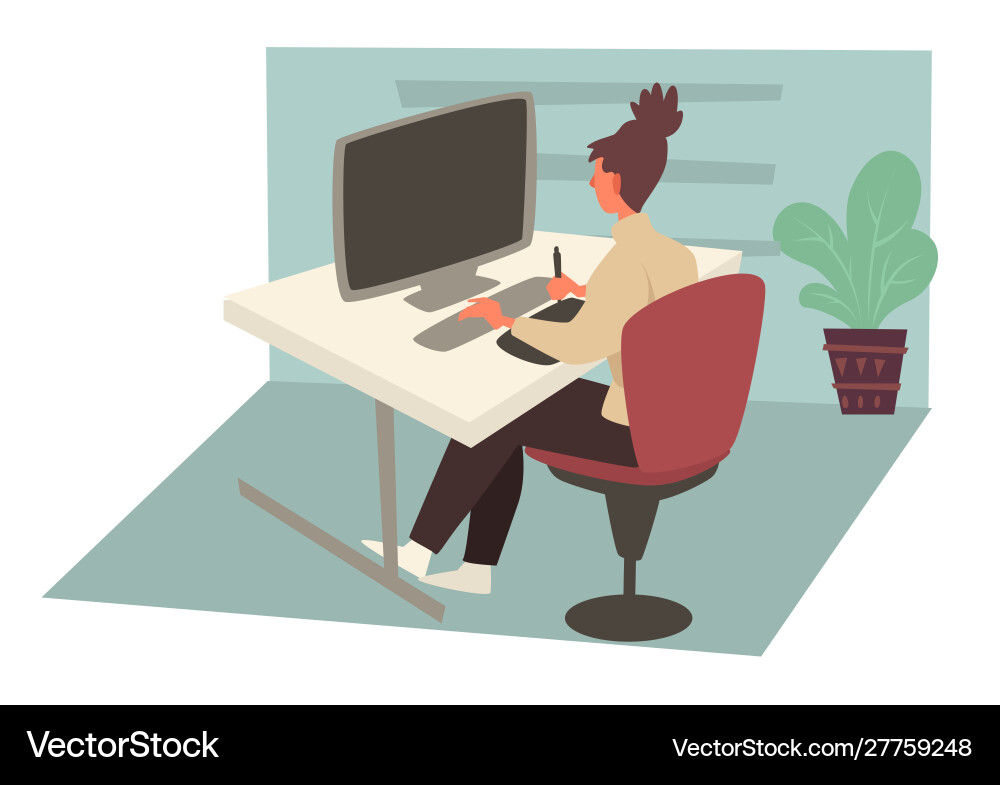 Woman working on computer in office and sitting Vector Image