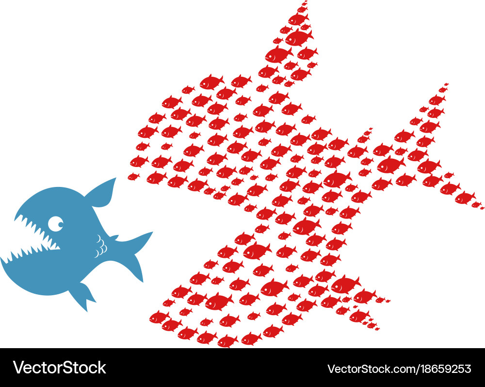 Big evil fish escapes from small fishes Royalty Free Vector