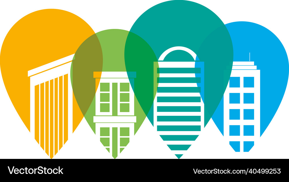 Location pins with city buildings Royalty Free Vector Image