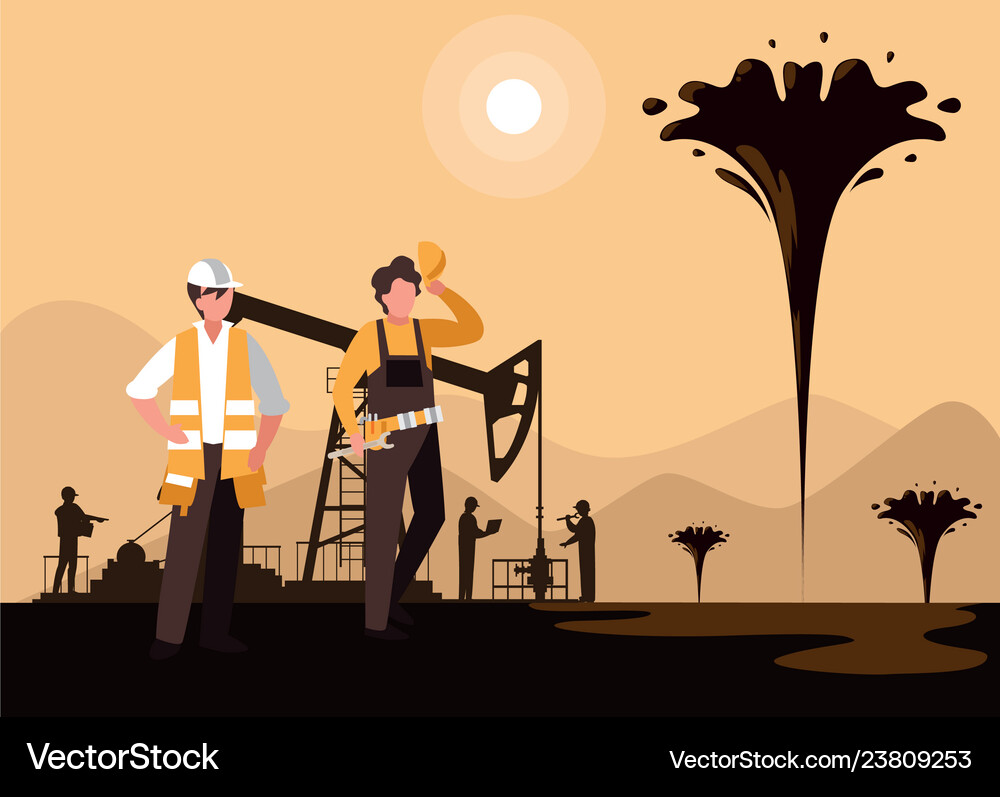 Oil industry scene with derrick and workers Vector Image