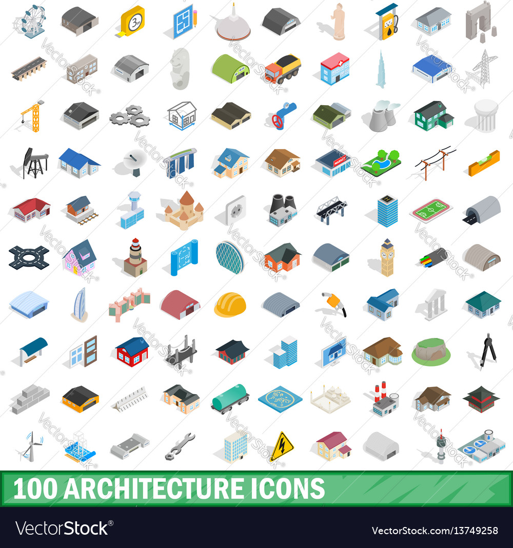 100 architecture icons set isometric 3d style Vector Image