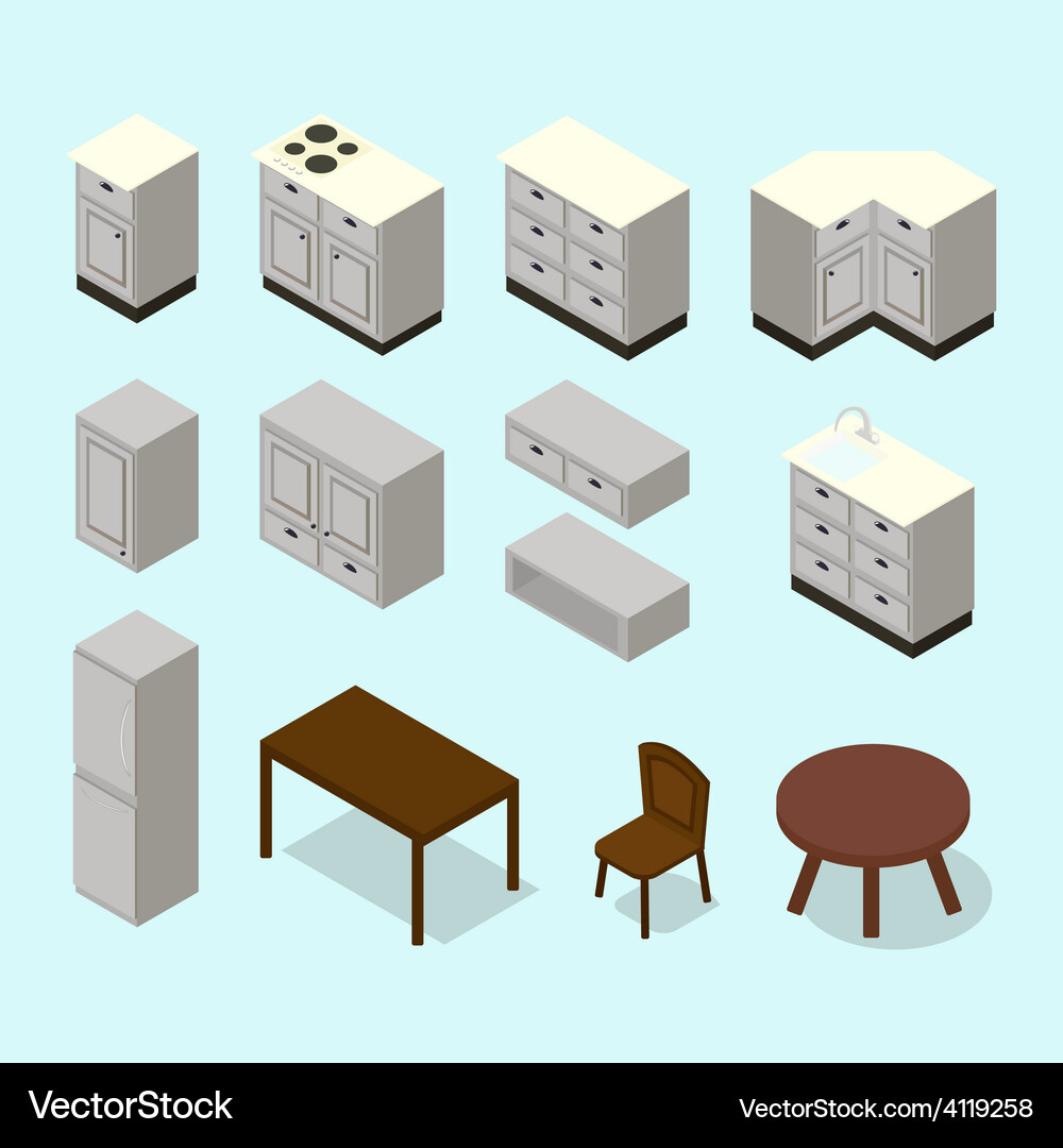 Isometric kitchen furniture set Royalty Free Vector Image