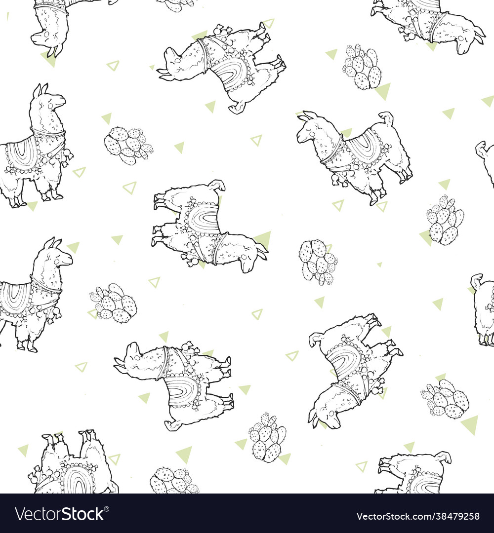 Seamless pattern with cute lama and cactus Vector Image