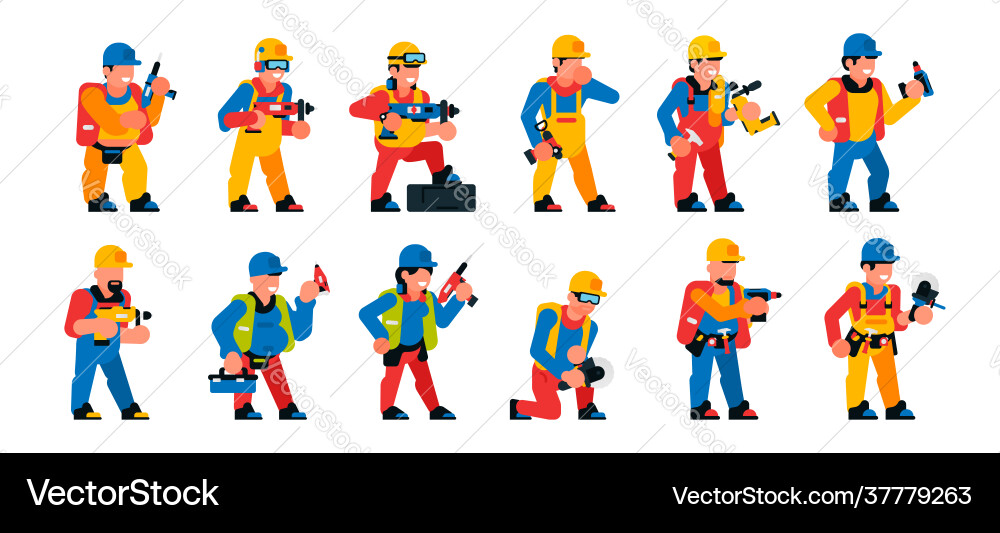 A set workers with power tool men and women Vector Image