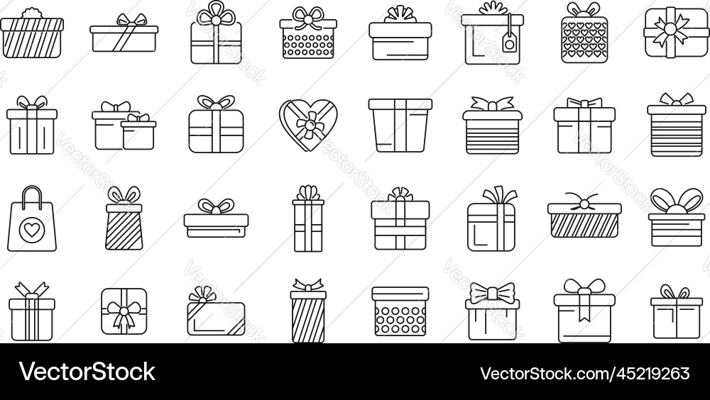 Birthday gift icons set outline present Royalty Free Vector