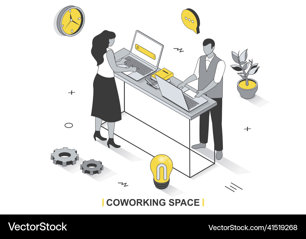 Coworking space concept in 3d isometric outline Vector Image