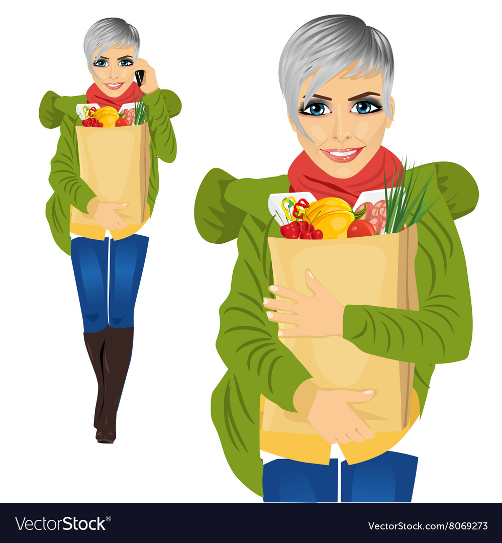 Attractive Woman Carrying Grocery Paper Bag Vector Image