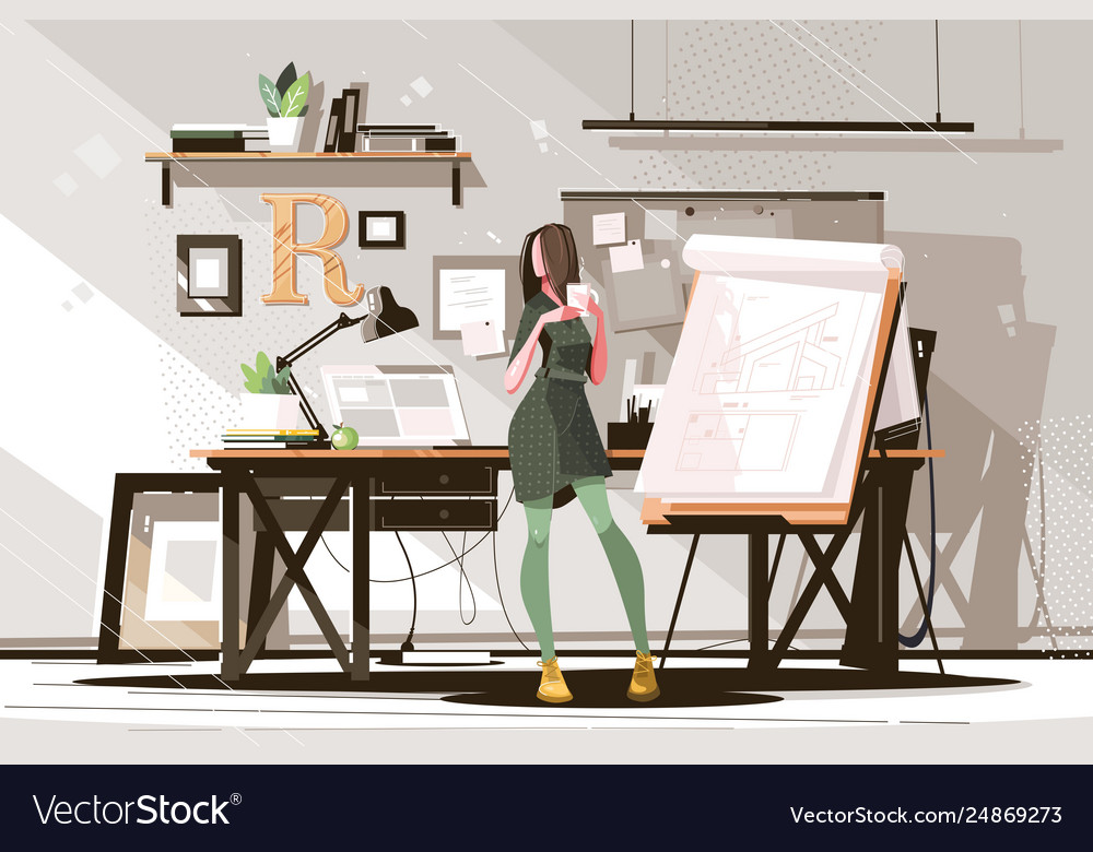 Girl architect working on project Royalty Free Vector Image Girl architect working on project Royalty Free Vector Image