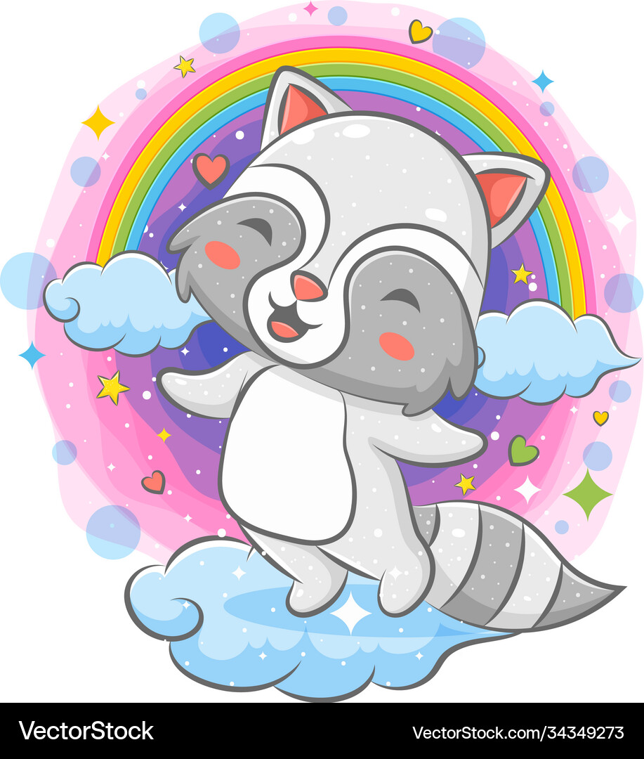 Happy raccoon playing on cloud with rainbow Vector Image