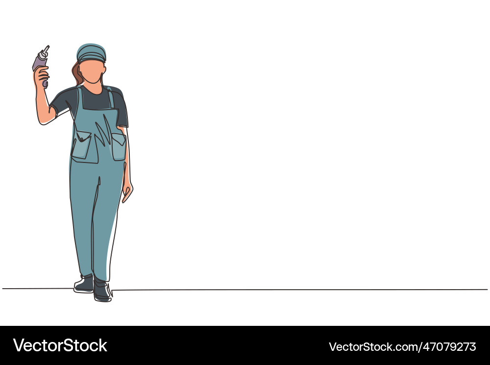 Single one line drawing woman worker holding Vector Image