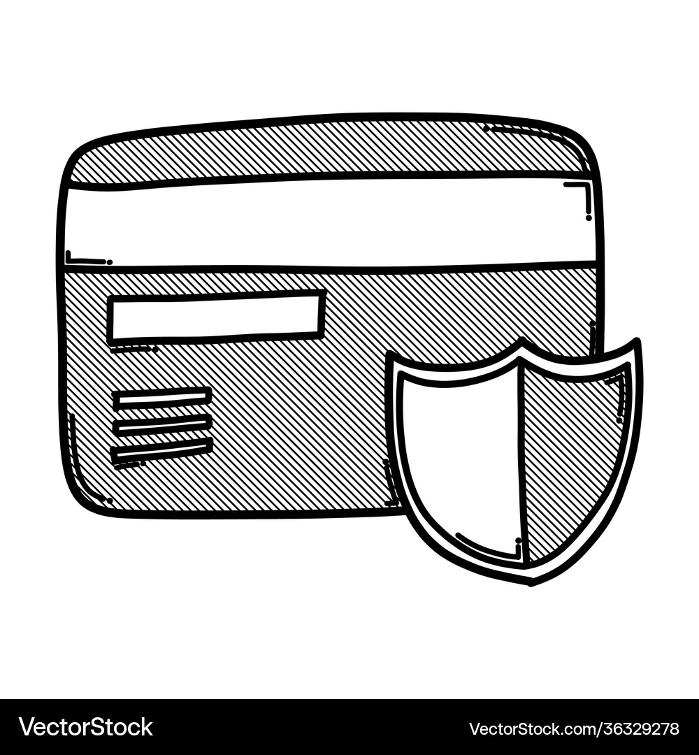 Credit card with shield doodle icon drawing Vector Image