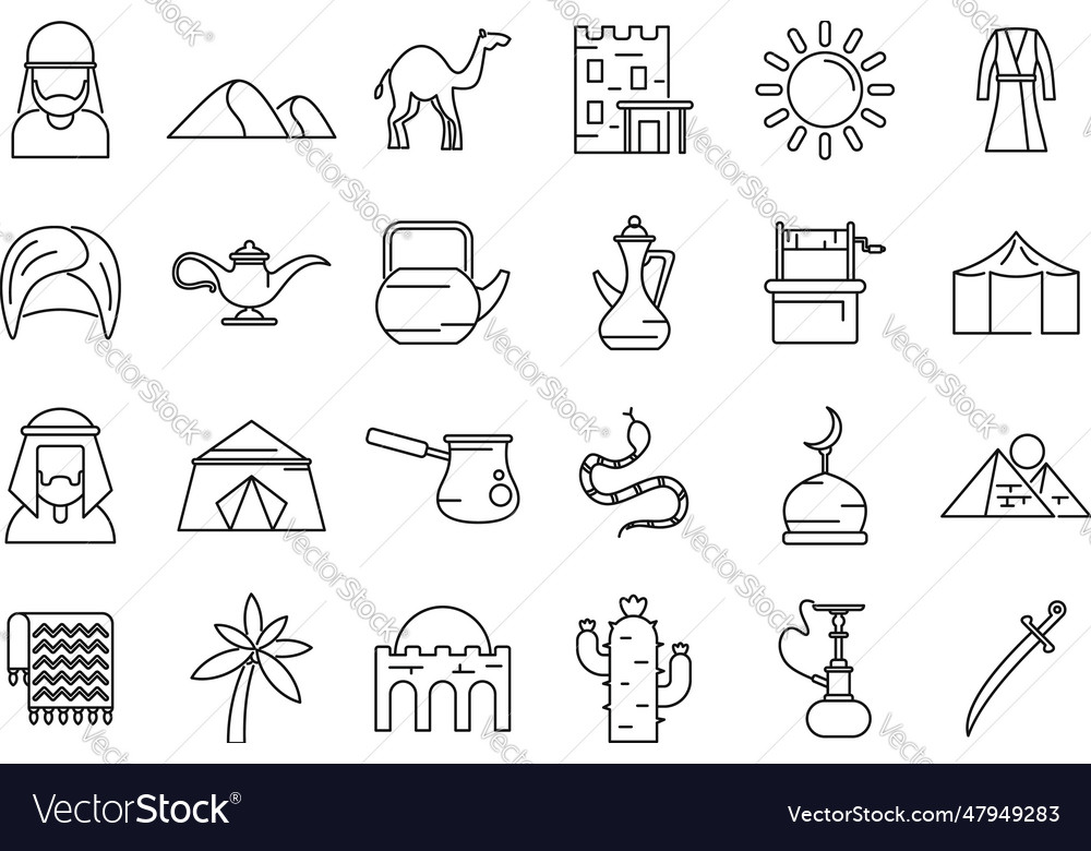 Bedouins icons set outline arab desert Royalty Free Vector