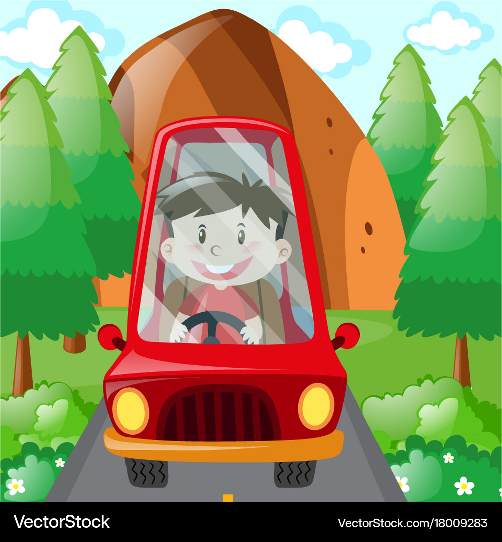 Boy riding in red car on road Royalty Free Vector Image