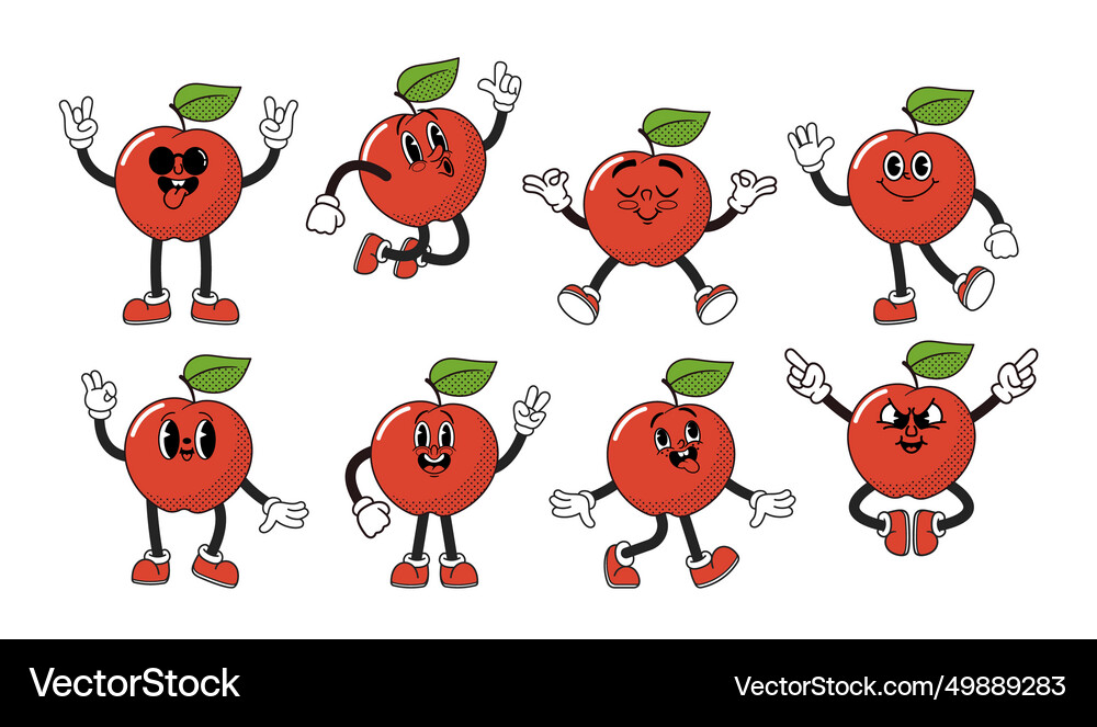 Cartoon groovy apple vibrant character Royalty Free Vector