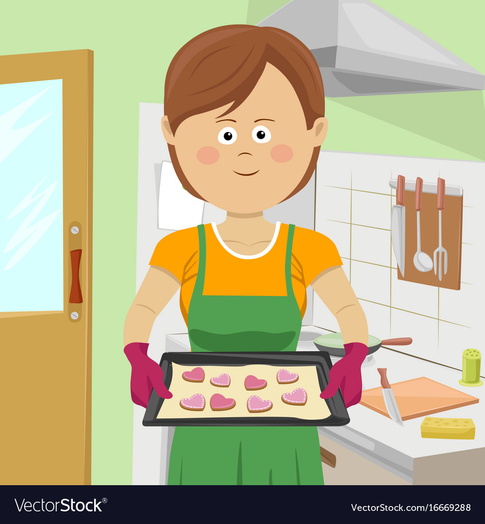 Cute young woman baking cookies in kitchen Vector Image