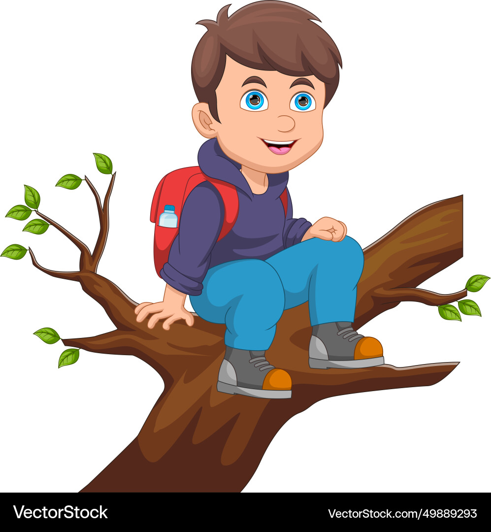 Adventure boy sitting on tree cartoon Royalty Free Vector