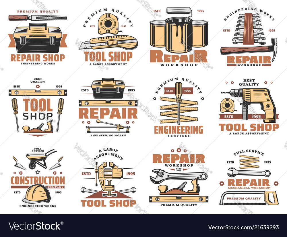 Repair and service work tools workshop icons Vector Image