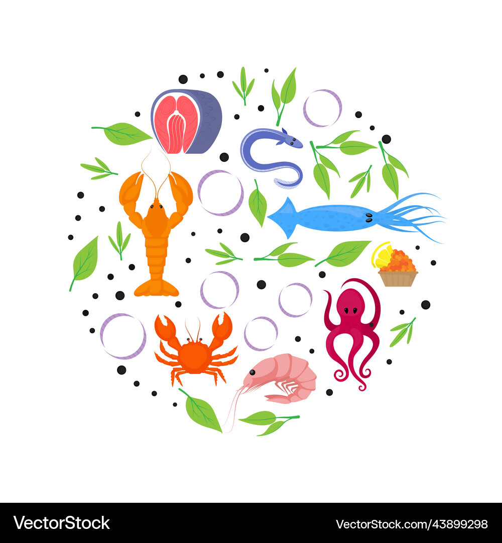 Circle frame with crab shrimp tuna and salmon Vector Image