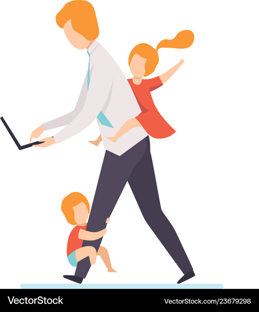 Dad working on laptop computer while kids playinh Vector Image
