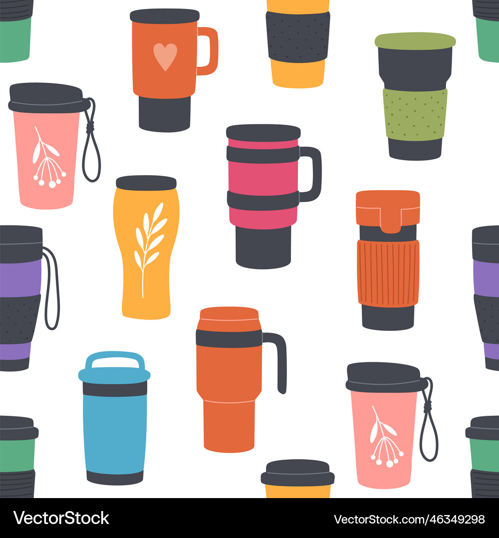 Reusable thermo mugs and tumblers seamless pattern