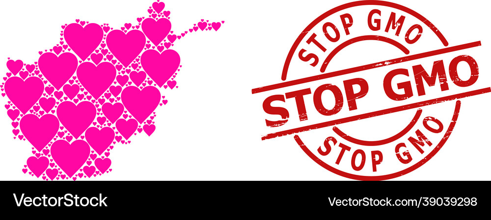 Textured stop gmo badge and heart collage Vector Image