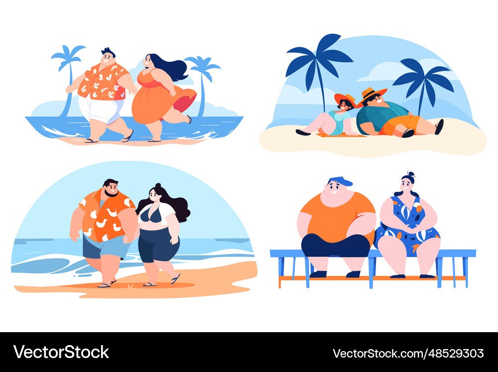 Hand drawn overweight tourists relaxing Royalty Free Vector