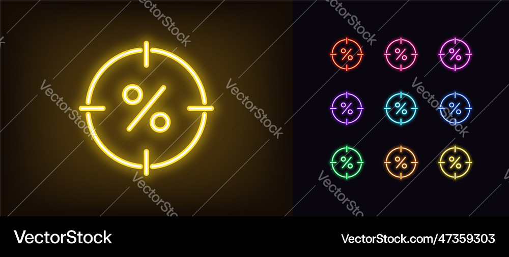 Outline neon target discount icon set glowing Vector Image