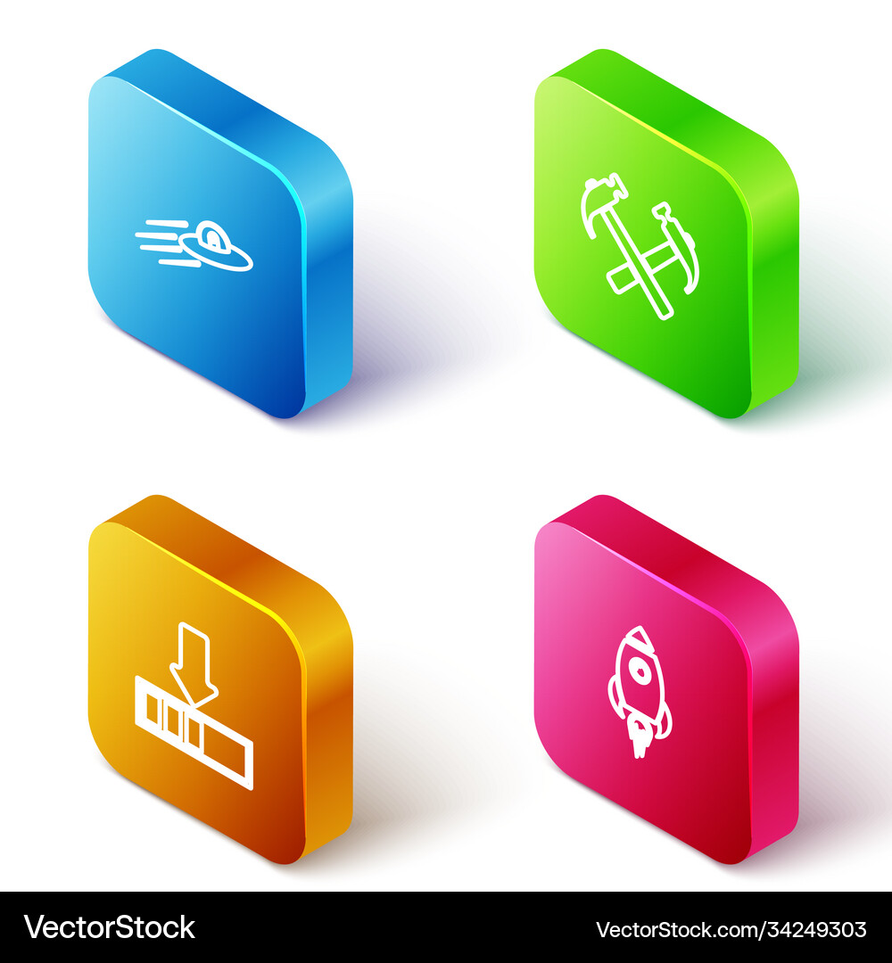 Set isometric line ufo flying spaceship and alien Vector Image