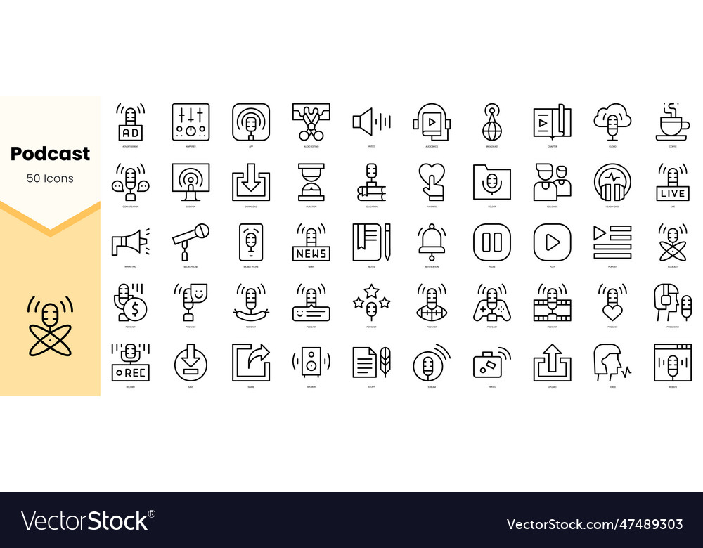 Set of podcast icons simple line art style Vector Image