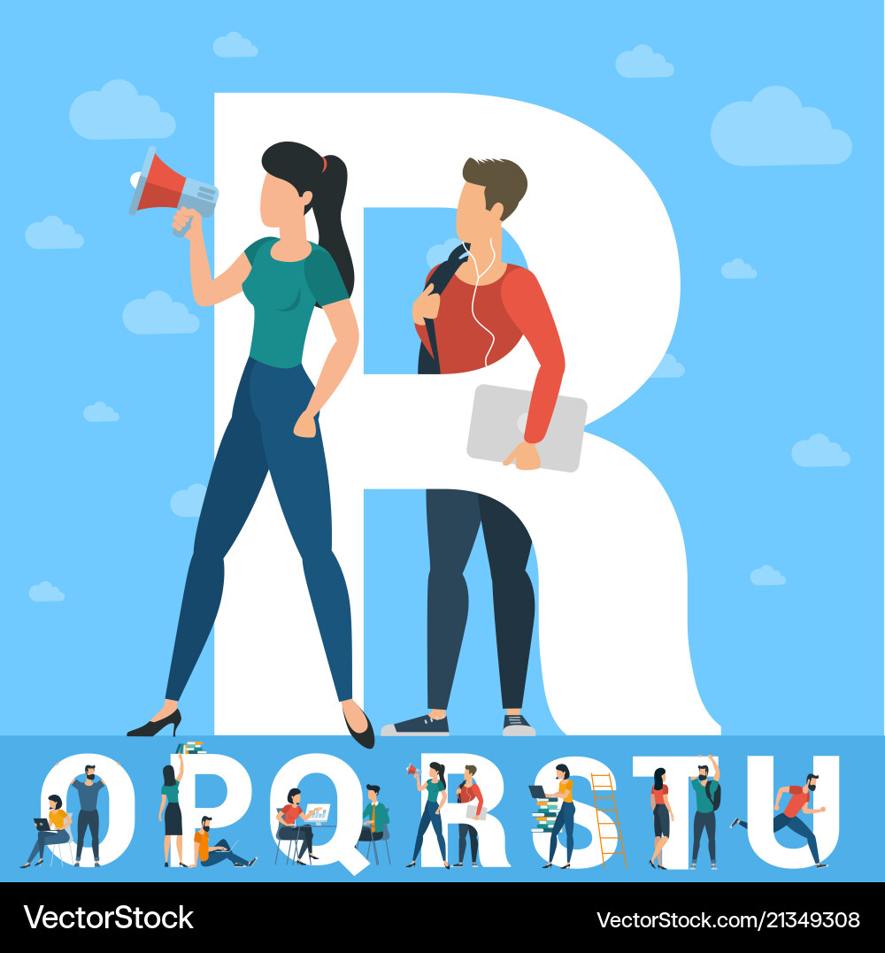 Big r letter white with young people Royalty Free Vector