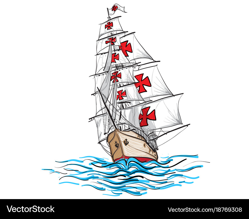 Ship columbus hand draw and paint on white Vector Image