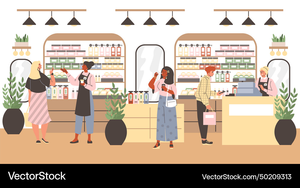 Scene with people in a cosmetics store perfume Vector Image