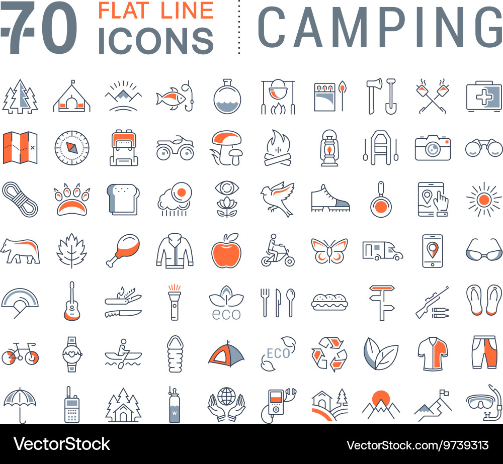 Set flat line icons camping Royalty Free Vector Image