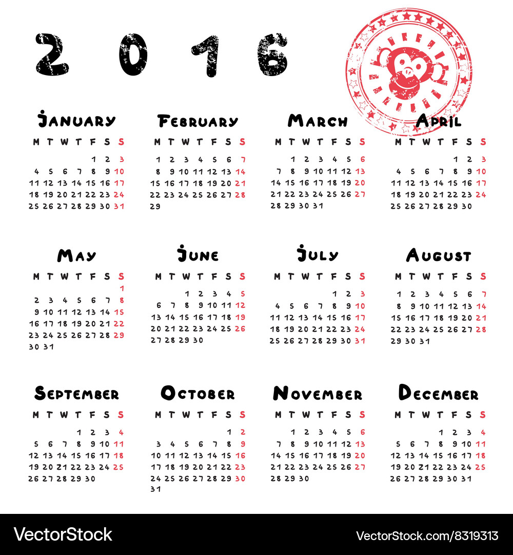 Year of the monkey calendar Royalty Free Vector Image