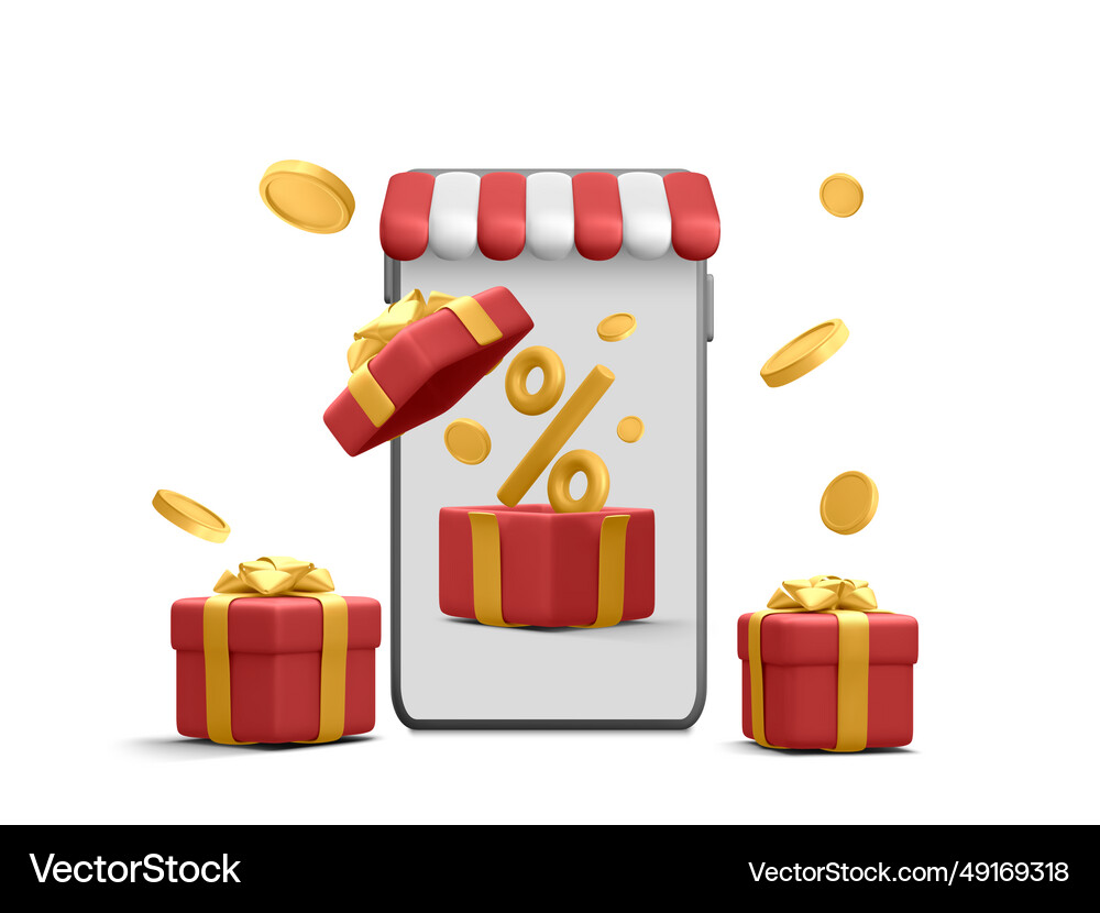 3d realistic shop in smartphone with open gift Vector Image