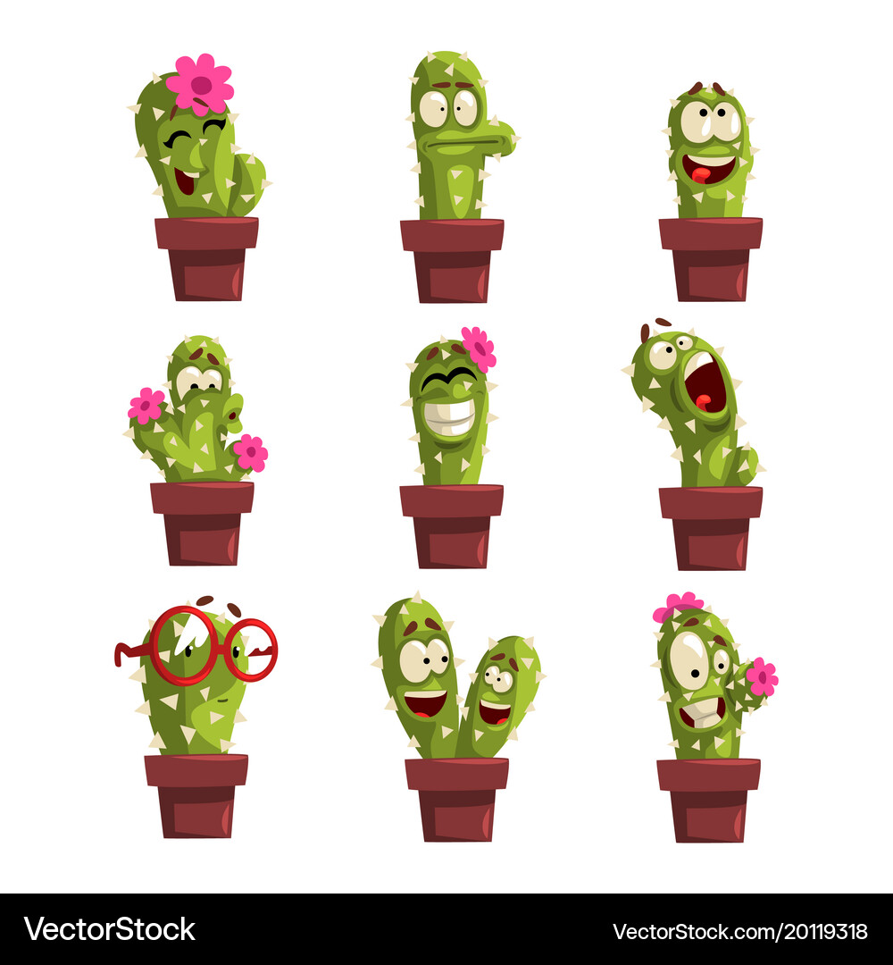 Potted cactus characters sett funny cacti in Vector Image