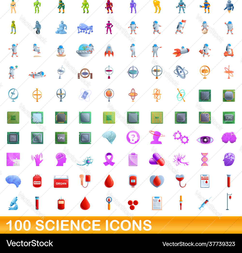 100 science icons set cartoon style Royalty Free Vector