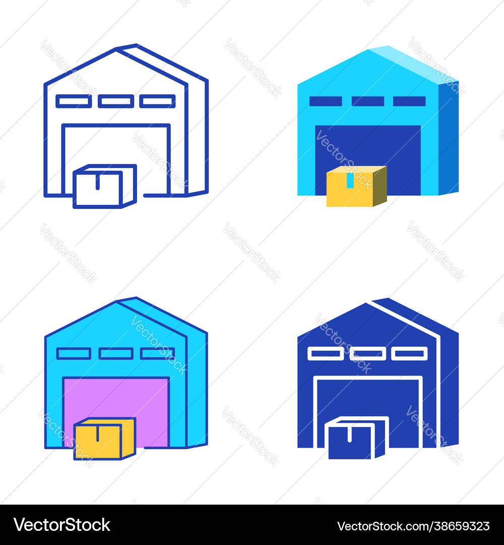 Warehouse with box icon set in flat and line style