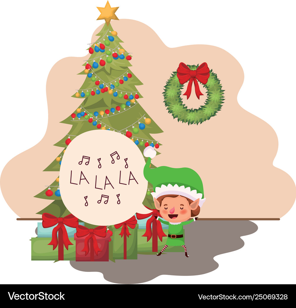 Elf with christmas tree and gifts Royalty Free Vector Image