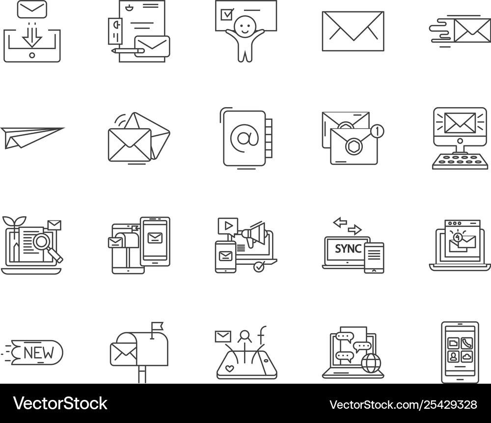 Emails and mails line icons signs set Royalty Free Vector
