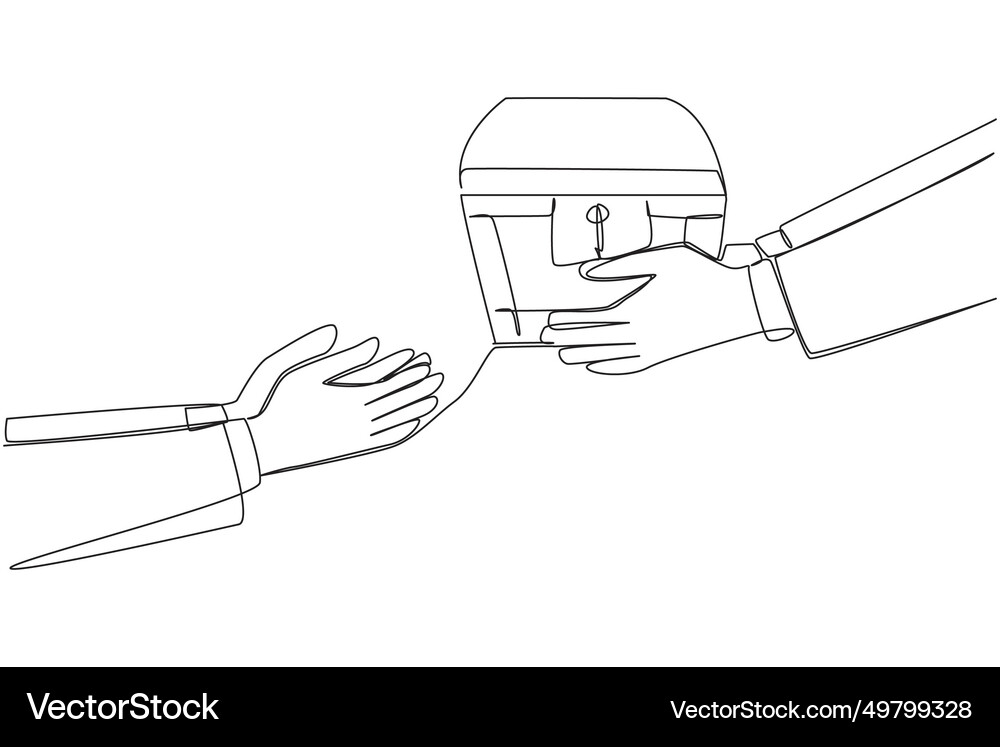 Single one line drawing hand gives treasure chest Vector Image