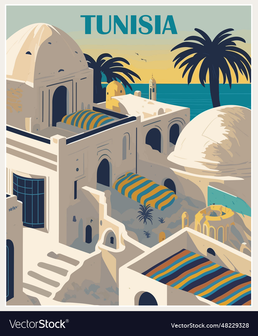 Tunisia travel destination poster in retro style Vector Image