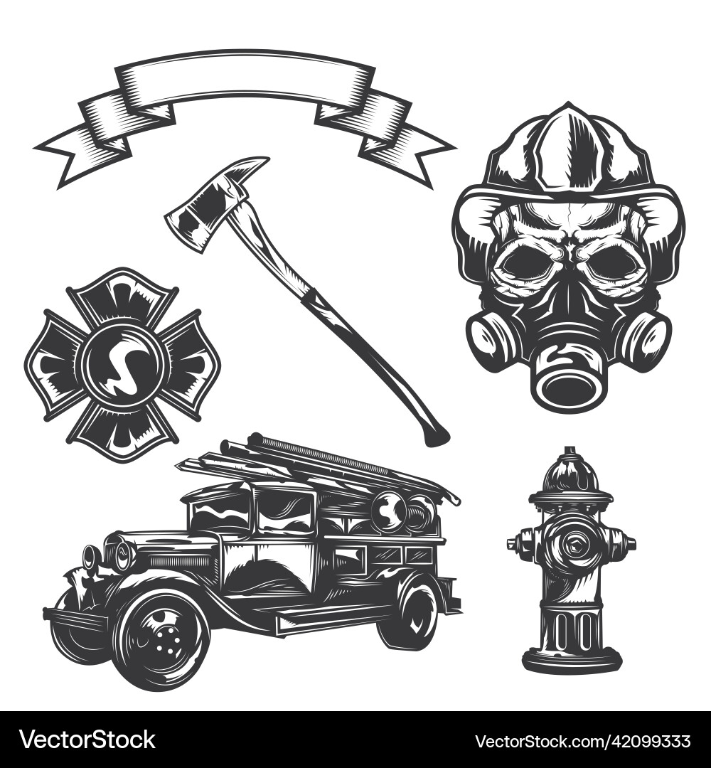 Set of firefighter elements axe car ribbon Vector Image